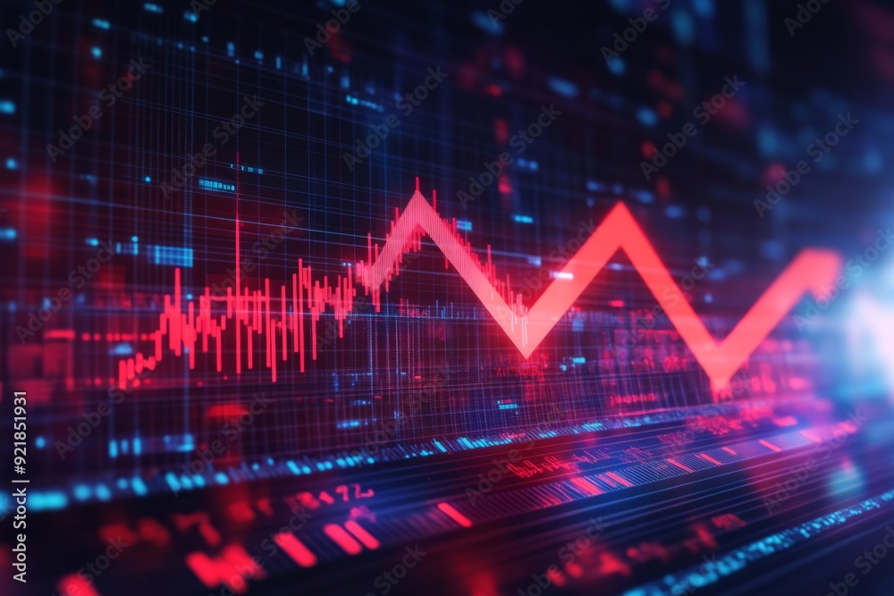 Red stock market graph and financial data background, red arrow up on ...