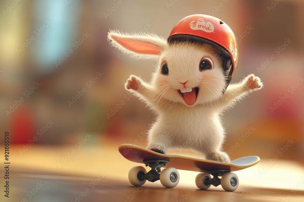 Cartoon rabbit skateboarding in a funny pose with safety helmet for a ...