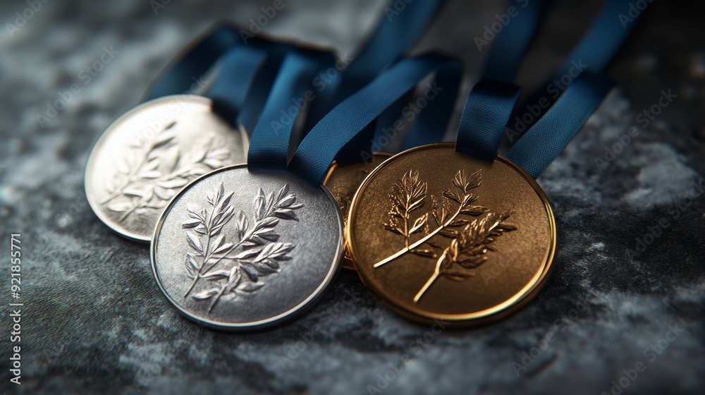 Olympic awards featuring gold, silver, and bronze sports medals with ...