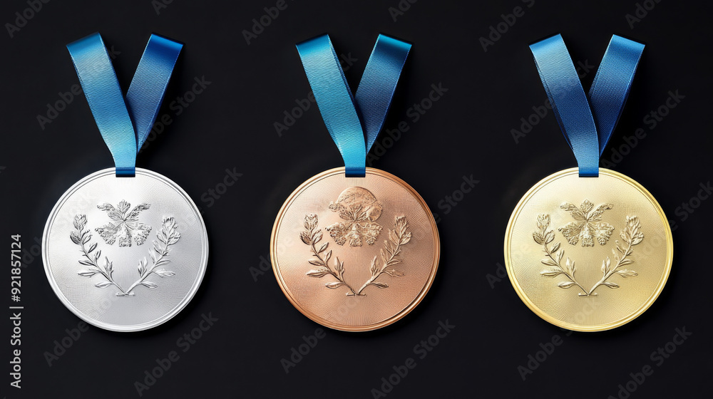 Olympic awards featuring gold, silver, and bronze sports medals with ...