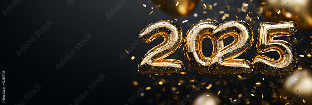 words 2025 written over it, golden ballon text effect, isolated dark ...