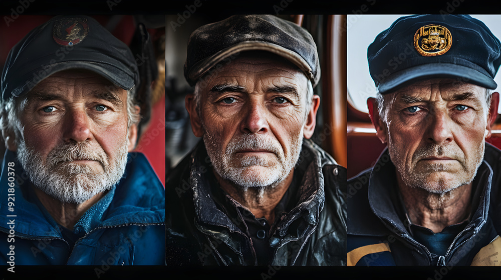 A series of close-up portraits of ship captains, with weather-beaten ...