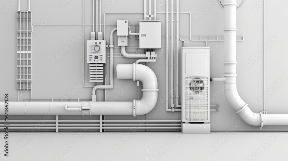 A modern white plumbing system with pipes and equipment against a ...