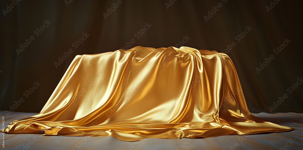 A gold sheet of fabric is draped over a table. The sheet is so large ...