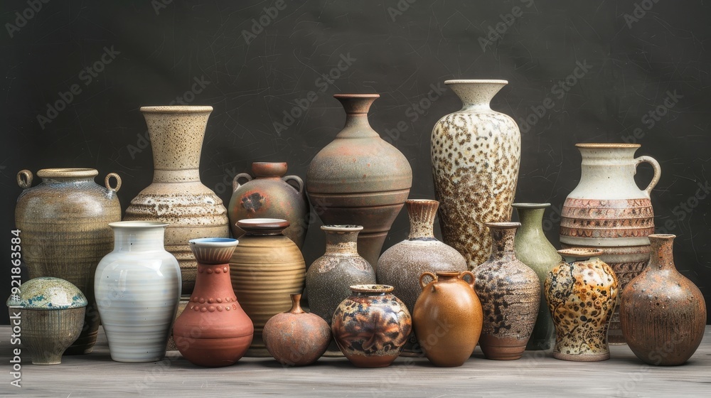 Exquisite display of artisan pottery captured in a realistic photo gallery setting Stock Photo ...