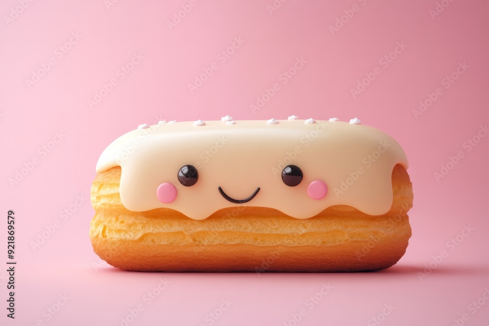 Smiling eclair with cream on top with face, 3d cartoon character on ...