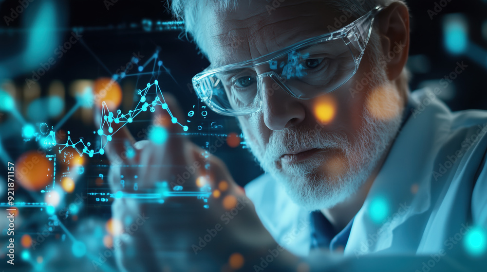 Mature Scientist in Glasses Drawing Chemical Formulas and Molecular ...