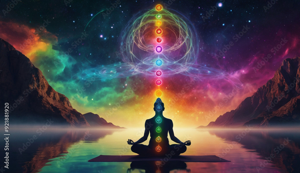A person meditating on water, with seven glowing chakra points on their ...