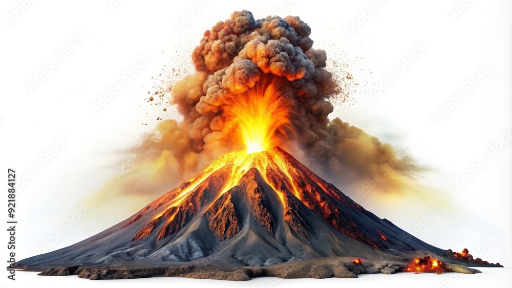 Erupting volcano with lava explosion isolated on white background ...