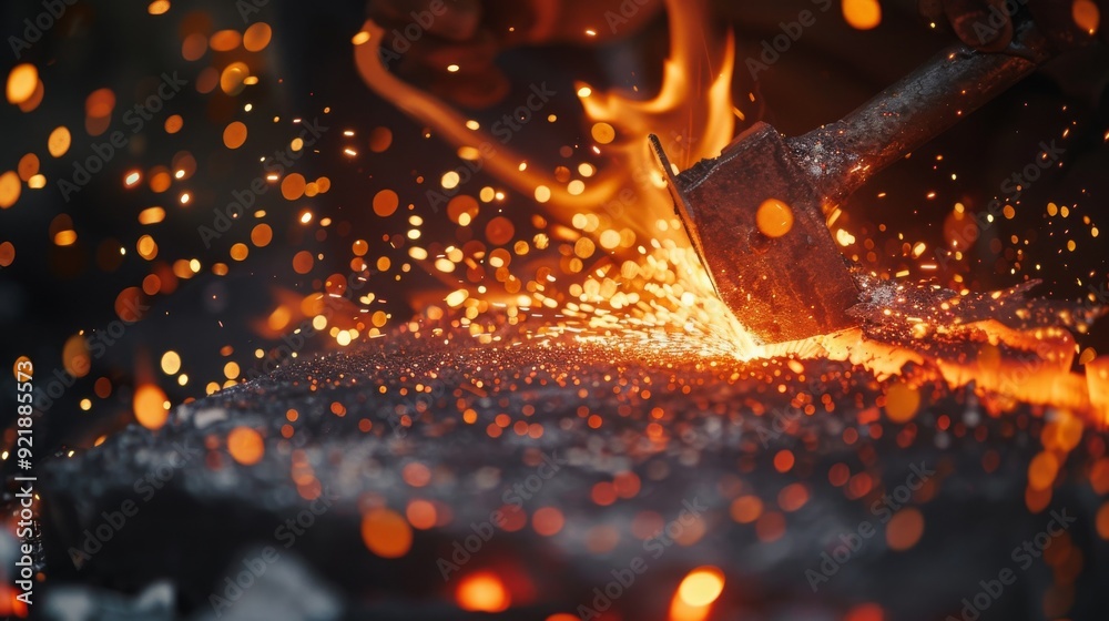 A blacksmith hammers glowing metal, creating sparks and heat. The image ...