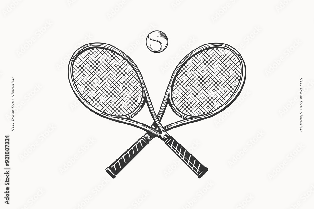 Poster Hand-drawn vector illustration of two crossed tennis rackets and ...