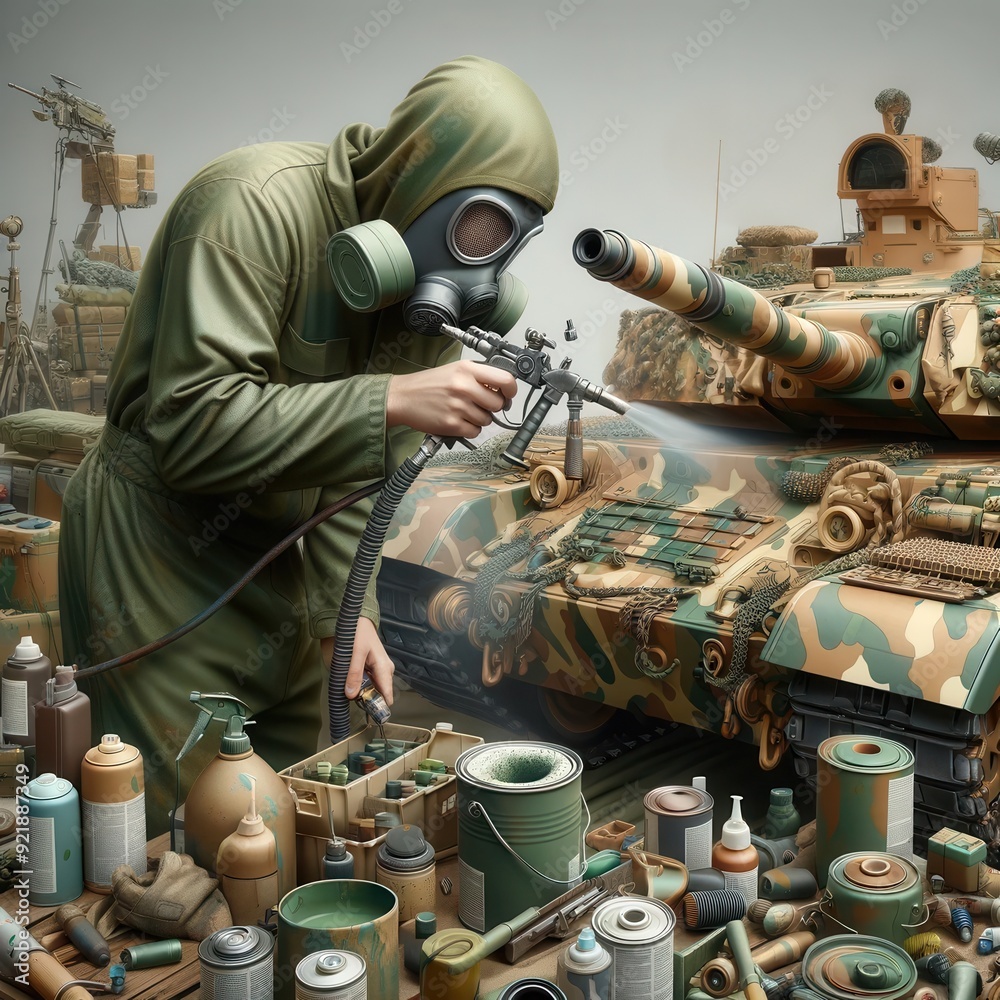 Worker in hazmat suit spray painting a military tank with camouflage ...