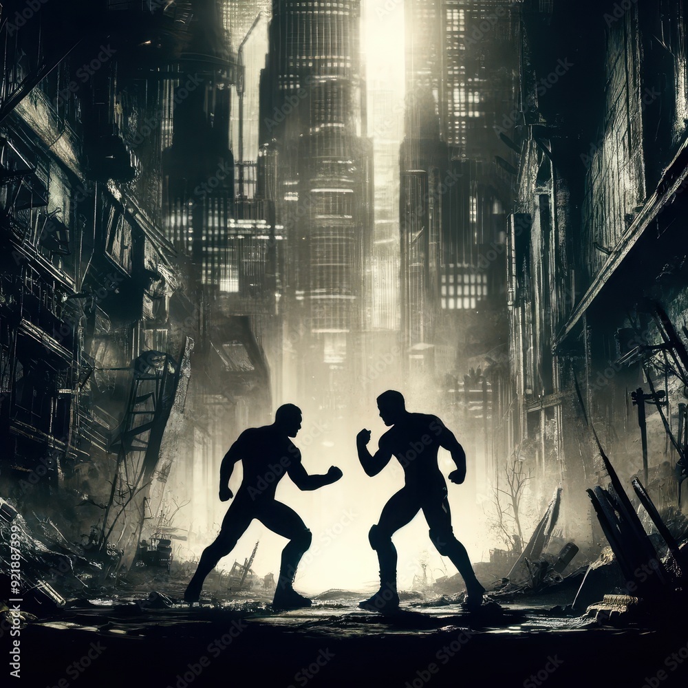Silhouettes of two people fighting in a dark, post-apocalyptic ...
