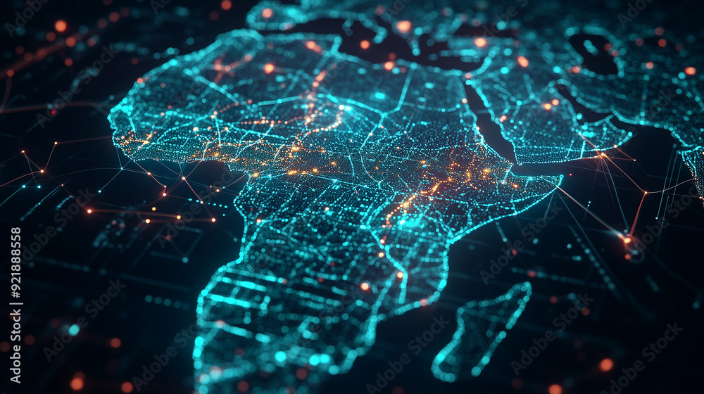ภาพประกอบสต็อก Digital Africa Map with Data Connections. A glowing ...