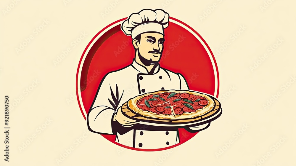 Logo design of a chef holding a pizza, with a classic emblem style ...
