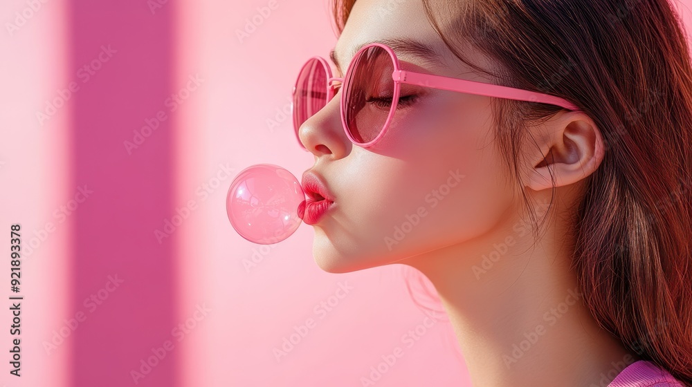 Portrait of a young girl blowing pink bubbles gum,Cute little girl with ...