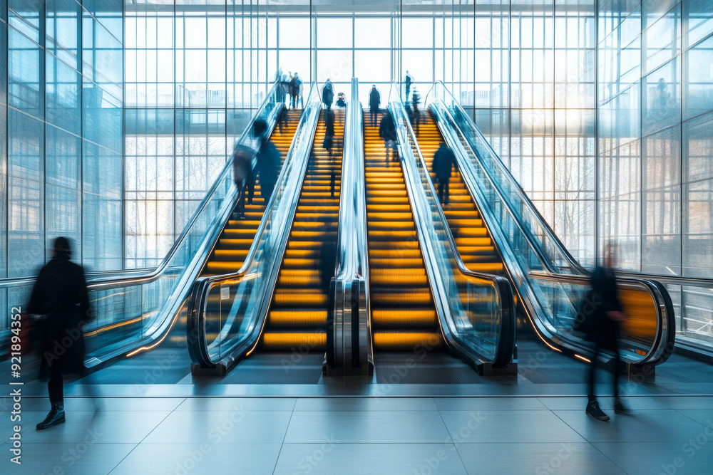 Long exposure photograph of people on an escalator, with motion blur ...