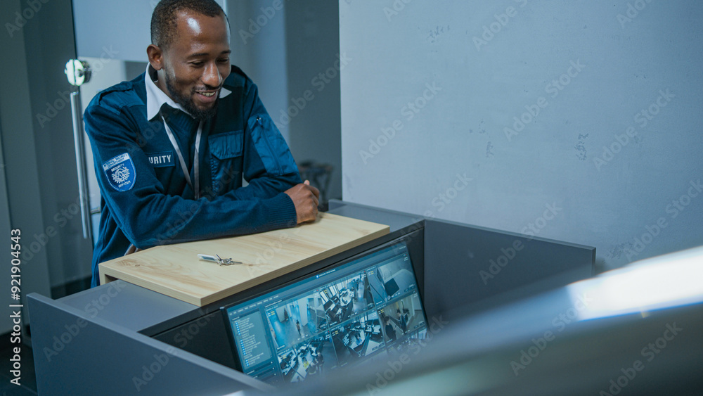 Caucasian female safeguard sits at workplace in office, works using ...