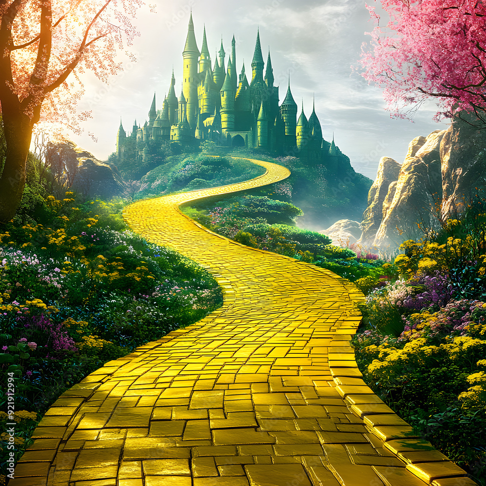 enchanted yellow brick road leading to magical emerald city in springtime , fantasy, oz ...