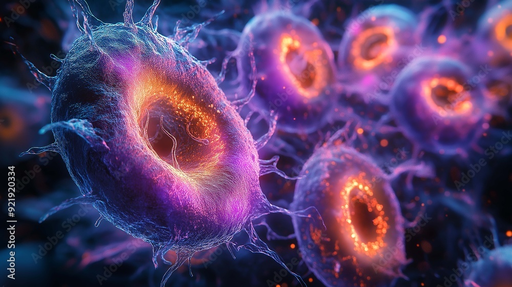 Create a vibrant illustration of cell division, showing the stages of ...