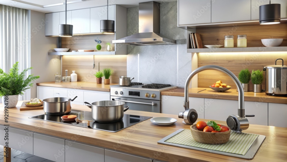 A modern kitchen setup with a chef's station featuring a sleek cooking ...