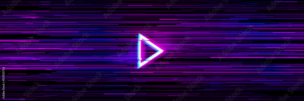 Video game glitch background with play arrow button and purple neon ...