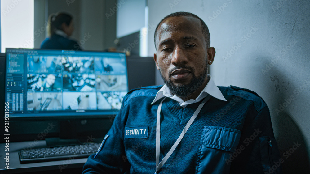 African American male security guard sits at the workplace in the ...