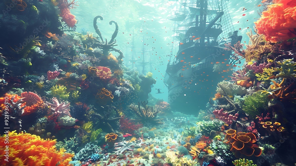 An artistic depiction of a coral reef scene with vibrant marine life ...