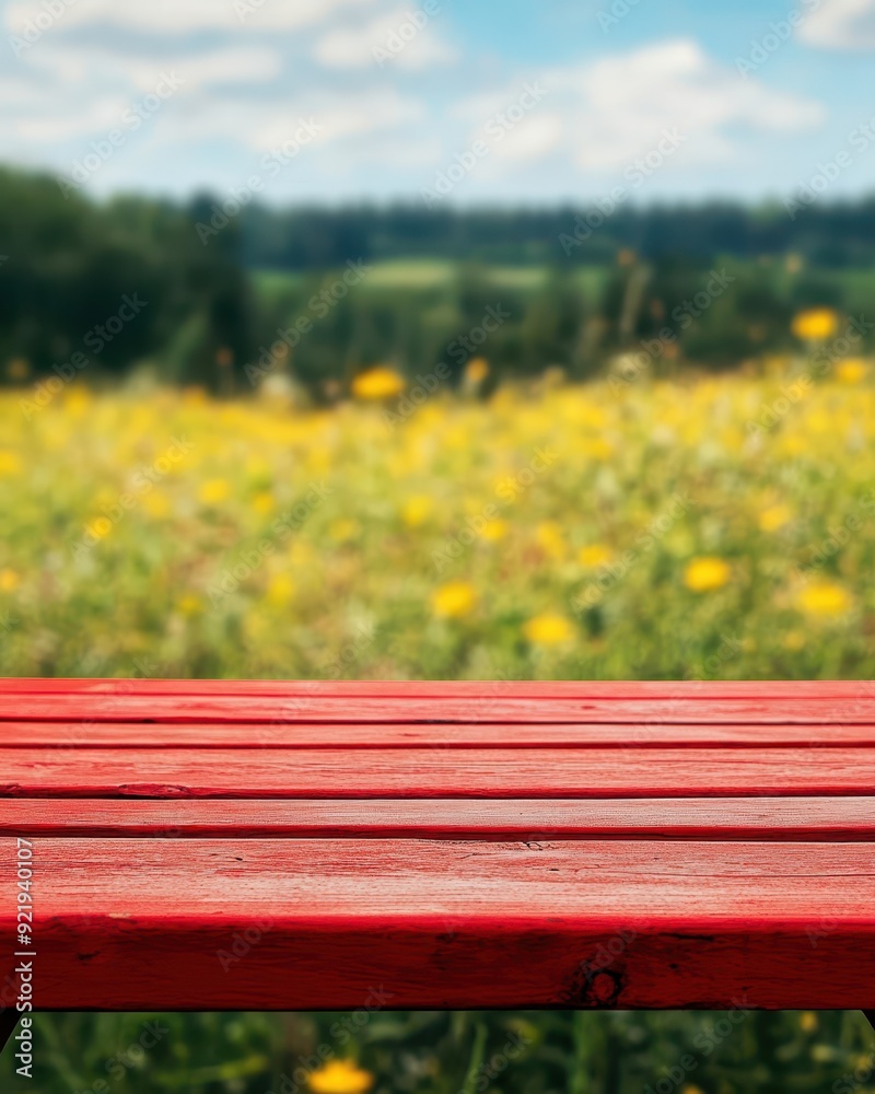 Bright red picnic table surface with a blurred summer meadow background ...