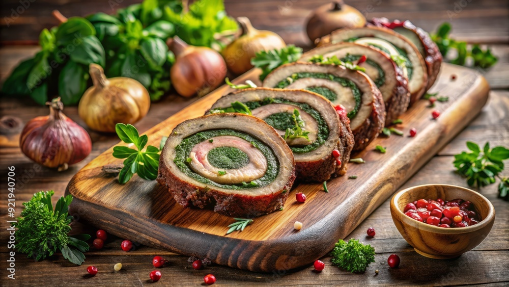 Delicious beef roulade sliced to reveal its savory filling of spinach ...
