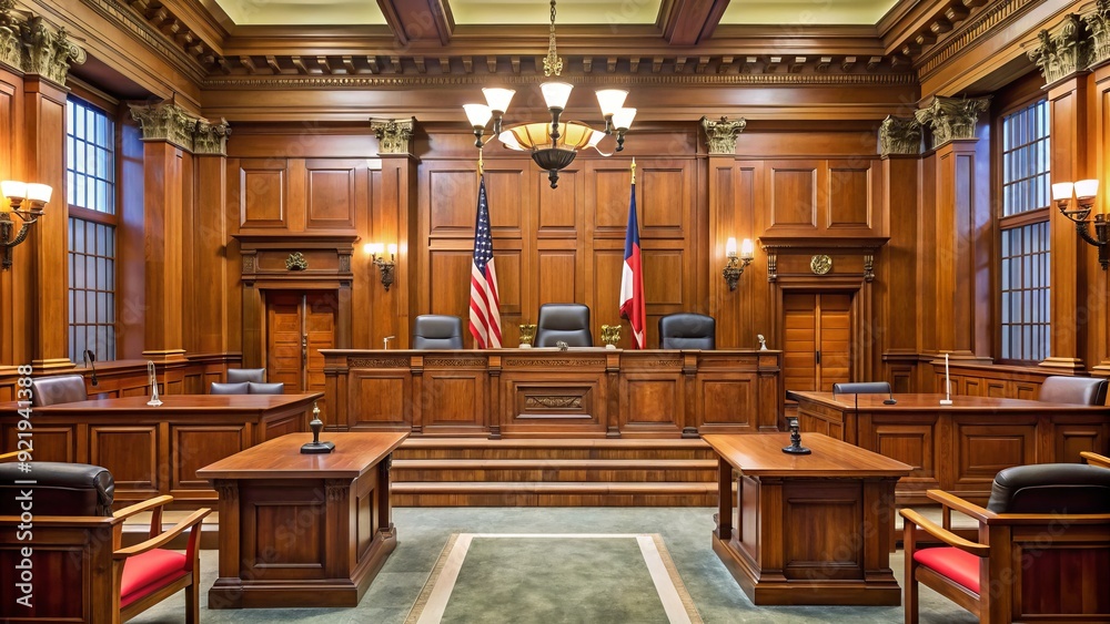 Dignified judge's bench, wooden chairs, and formal flags adorn a solemn ...