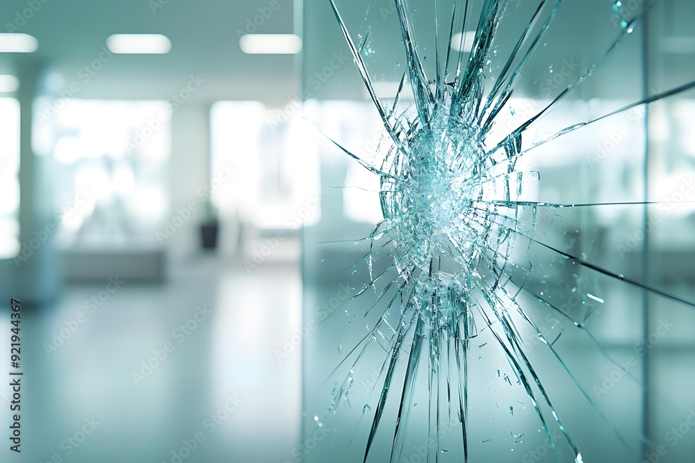 Shattered glass window with a central impact point and dispersed glass ...