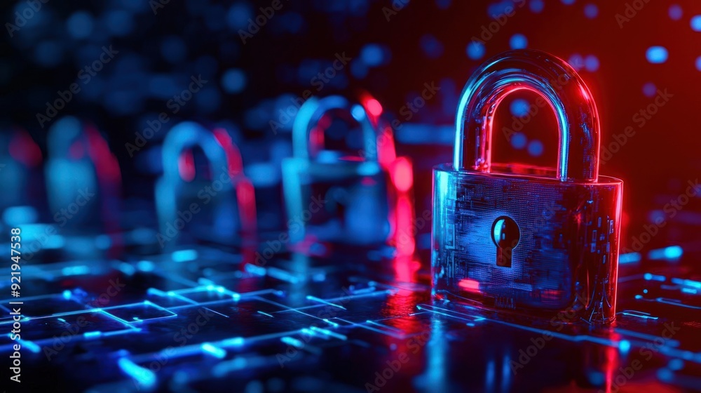 Futuristic digital security concept with glowing locks and data streams illustrating the ...