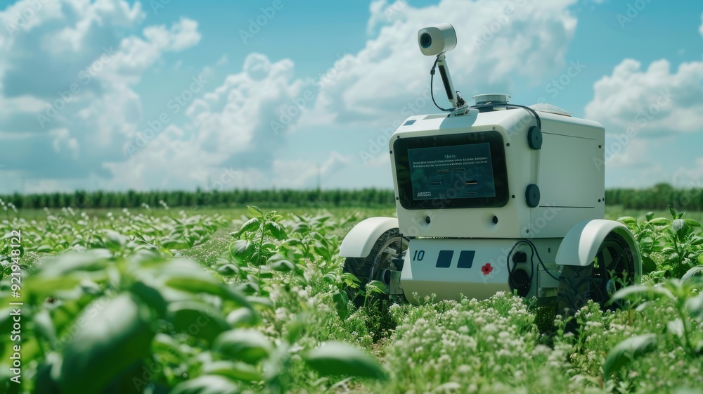 Autonomous agricultural robot equipped with sensors and camera navigating through a crop field ...