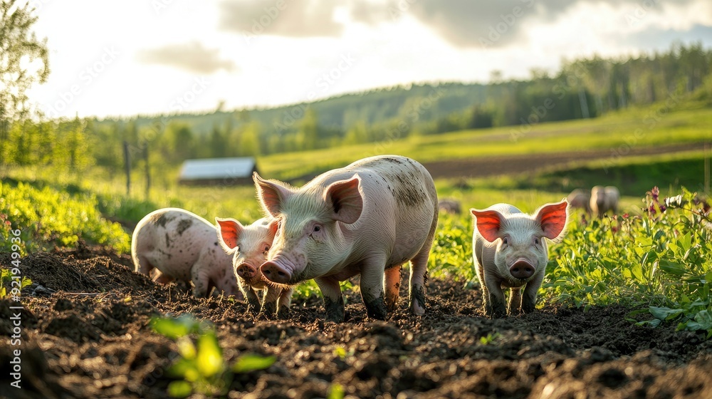 Ecological pigs and their piglets are pictured on a domestic farm, the ...