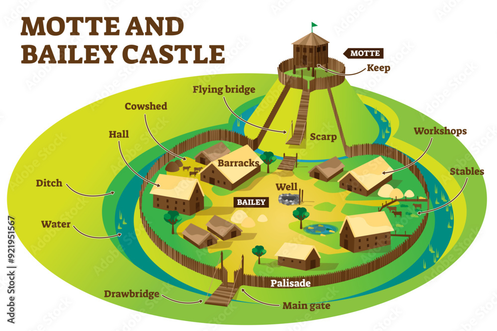 Motte and bailey castle fortification layout example, labeled ...