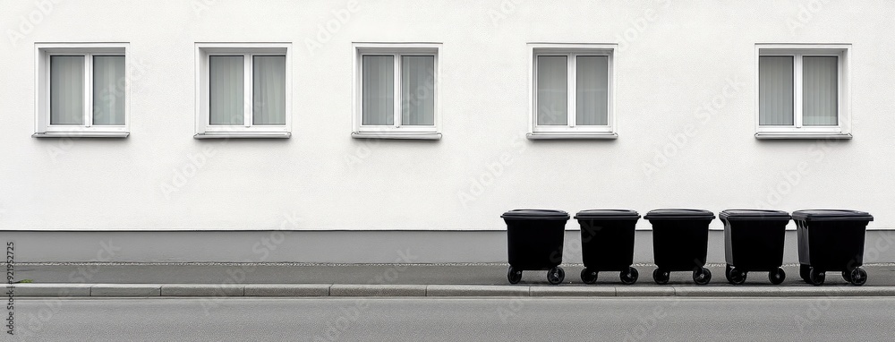 A striking arrangement of black plastic trash cans lining the driveway ...