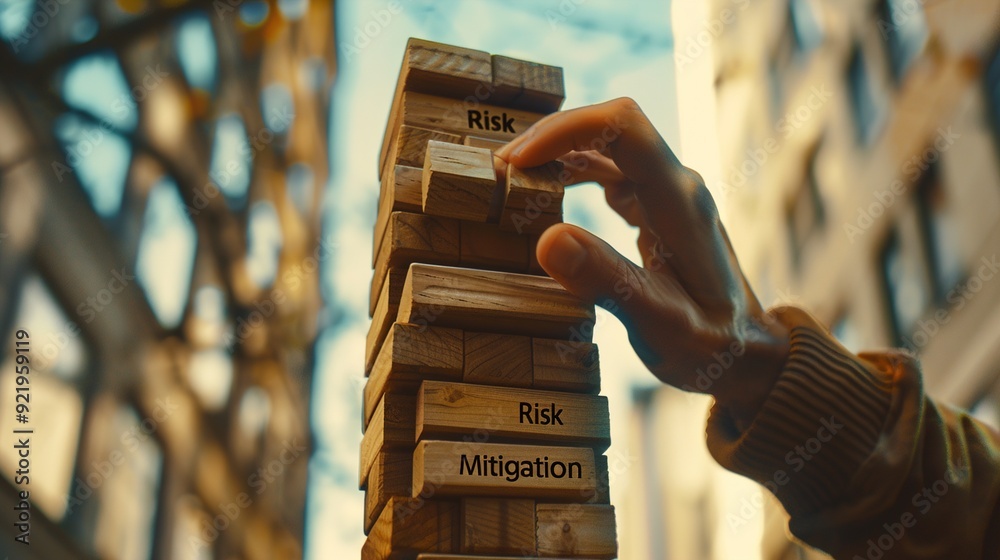 A hand placing a block labeled "Risk Mitigation" on the top of a ...