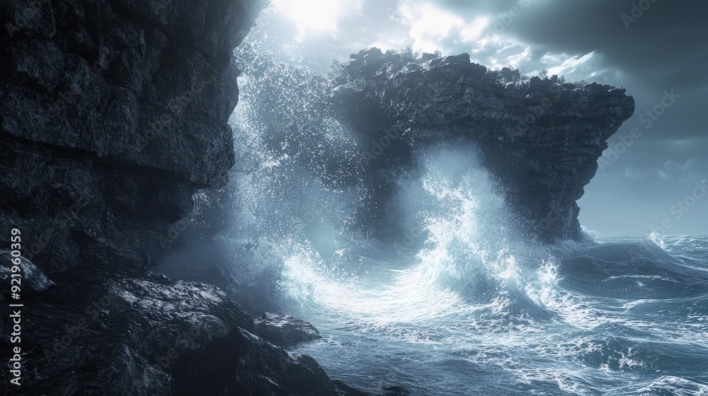 Powerful ocean waves crashing against rugged cliffside, dramatic ...