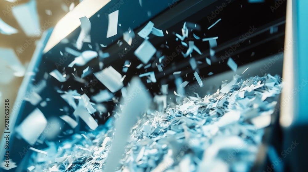 A close-up view of a paper shredder in action, with shredded paper falling into a bin. The ...