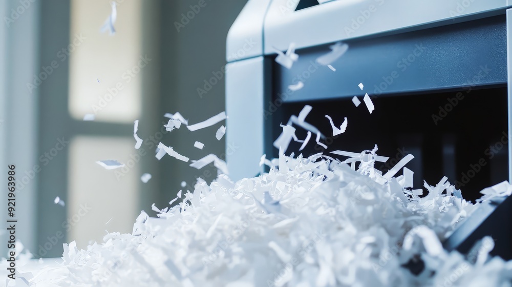 A close-up view of a paper shredder in action, with shredded paper ...