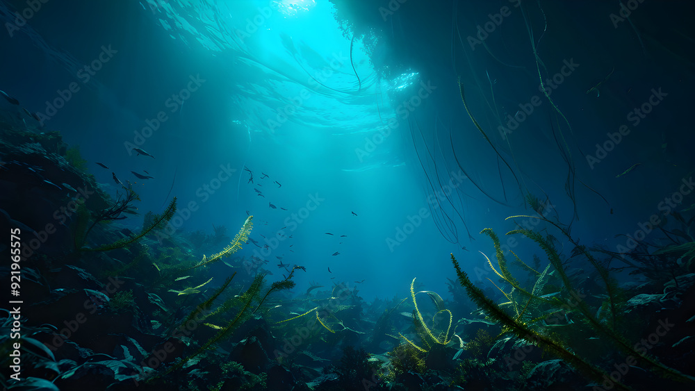 Bioluminescent seaweed strands gently shine in the shadowy ocean depths ...