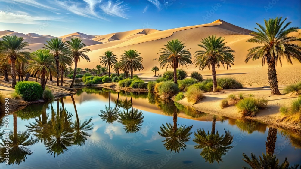 Desert oasis with lush date palm trees surrounded by sand dunes ...