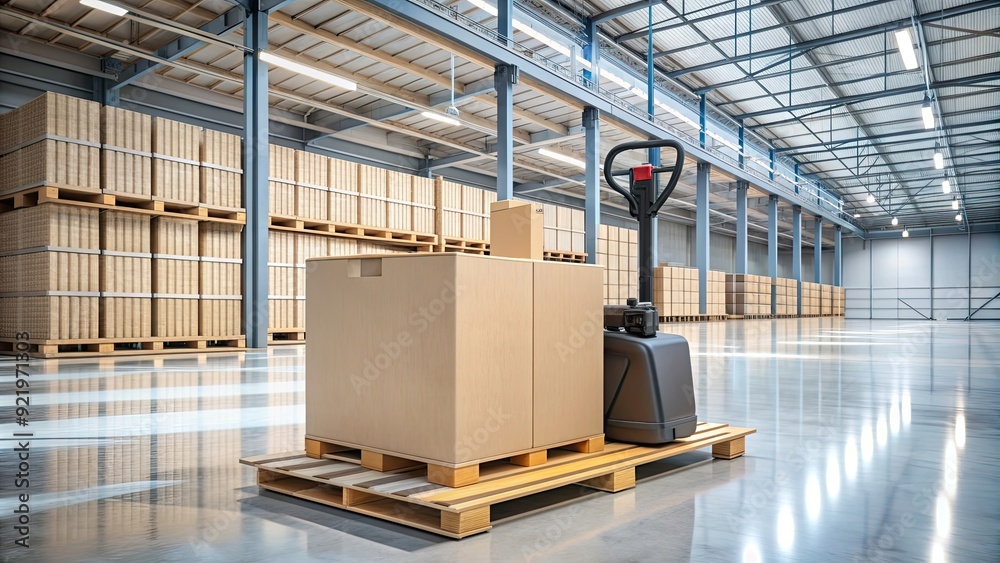 Cardboard palette on an electric pallet jack in a warehouse or storage ...