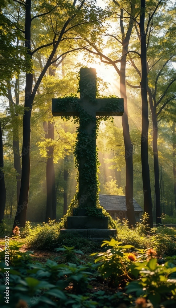 Cross in the forest with sun rays coming through the branches of trees ...