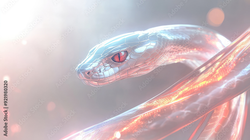 This is a detailed close-up depiction of a shiny, ethereal snake with ...