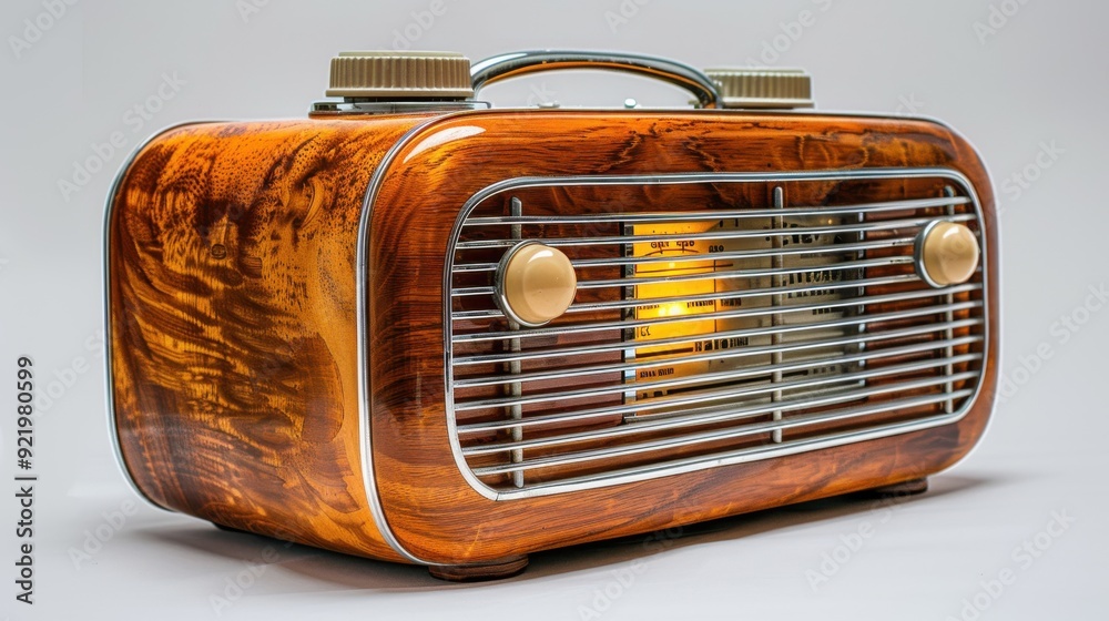 A 1950s-style radio with a sleek, curved design and chrome accents ...