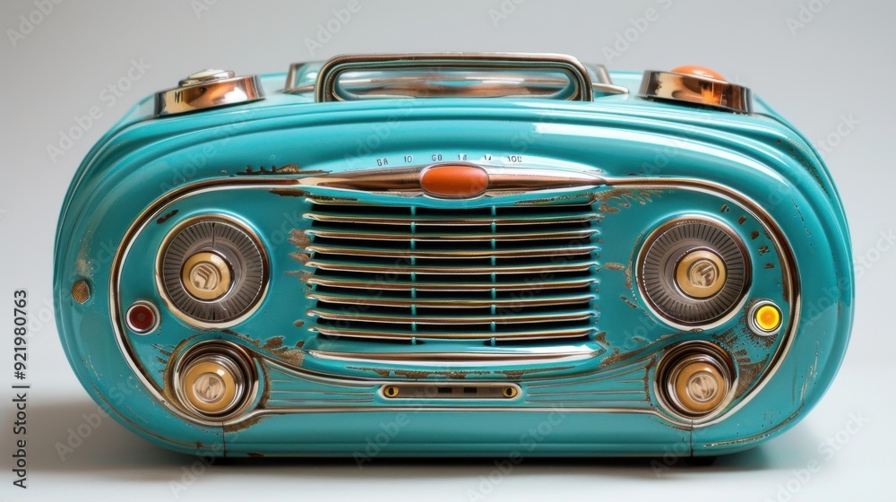 A 1950s-style radio with a sleek, curved design and chrome accents ...