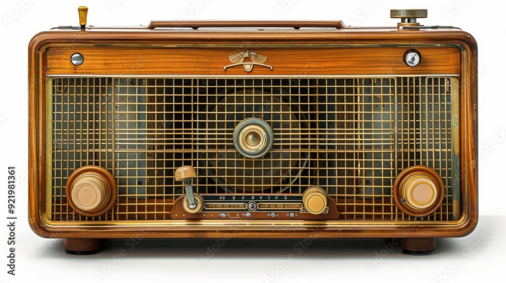 A high-resolution of a classic 1950s radio with a polished wooden ...