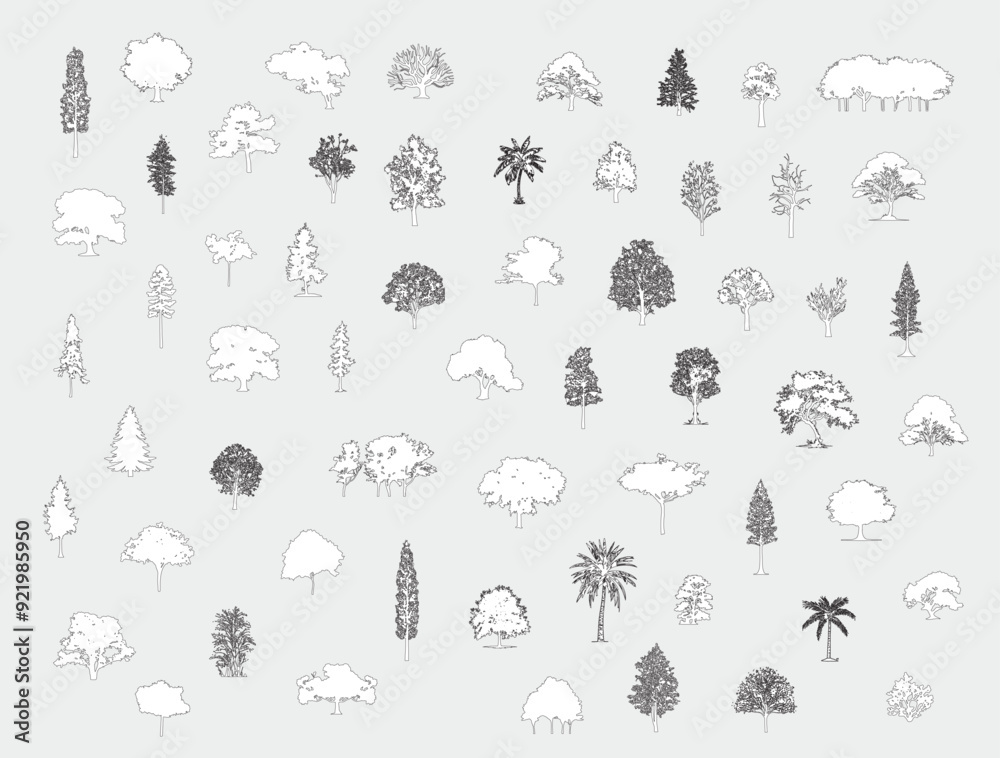 Minimal style cad tree line drawing, Side view, set of graphics trees ...